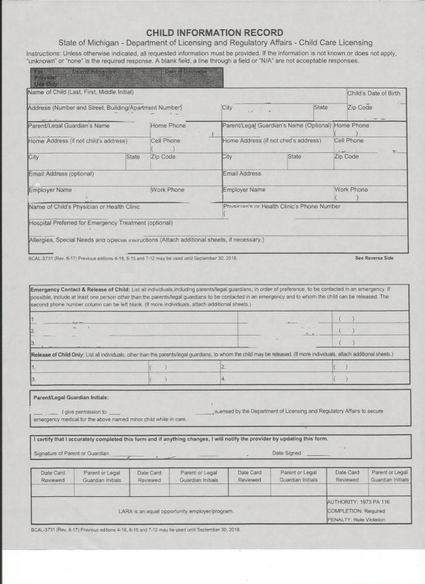 Child Information Record 001 - St John's Lutheran Church