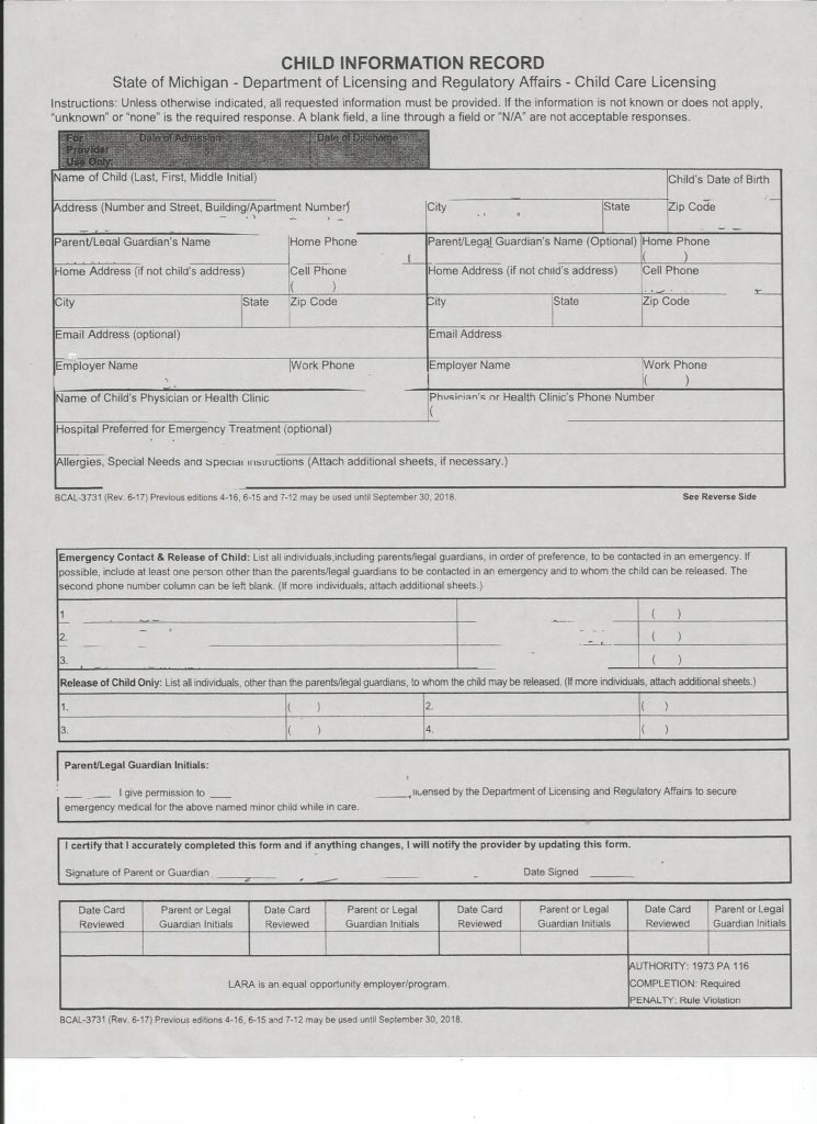 Child Information Record 001 - St John's Lutheran Church